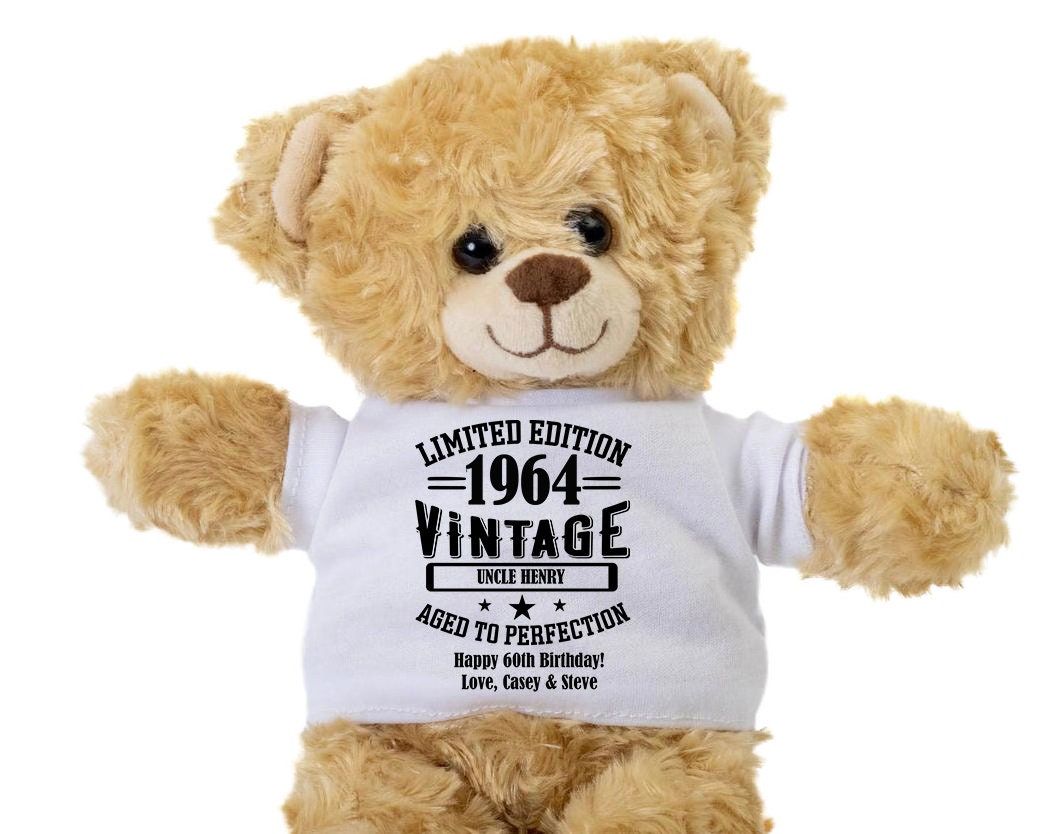 Happy 60th Birthday, Custom Teddy Bear, Vintage Design, Plush Stuffed ...