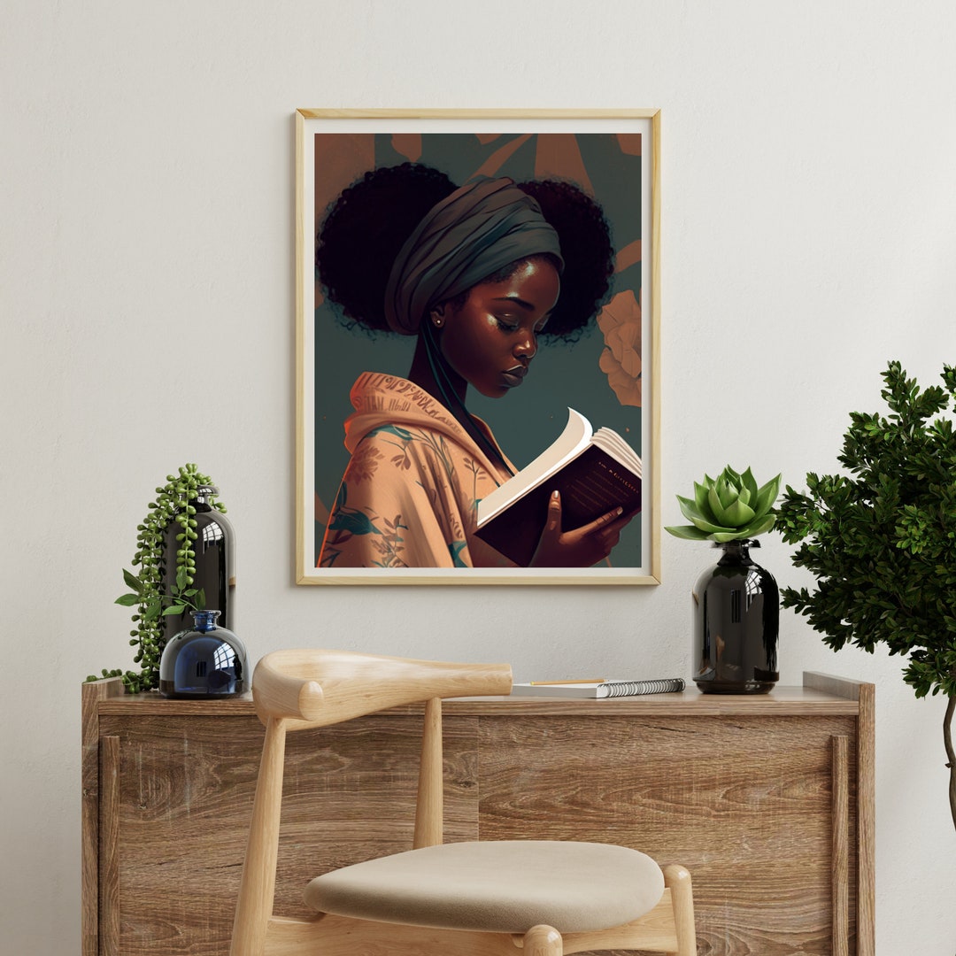 Black Girl Reading Artwork, Stunning Home Décor for Book Lovers ...