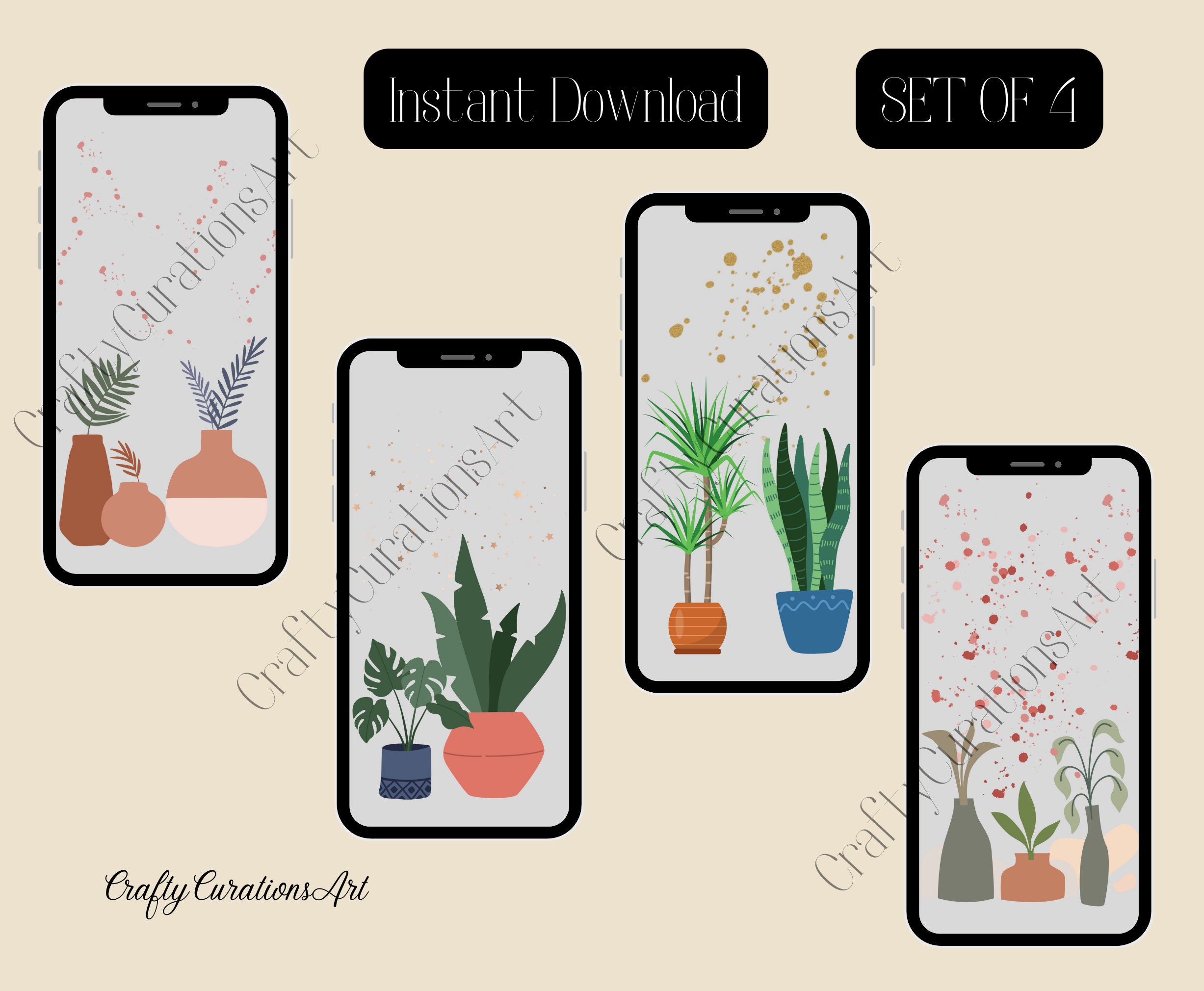 Boho Phone Wallpaper, Set of 4, Printable Digital Art, Instant Download ...