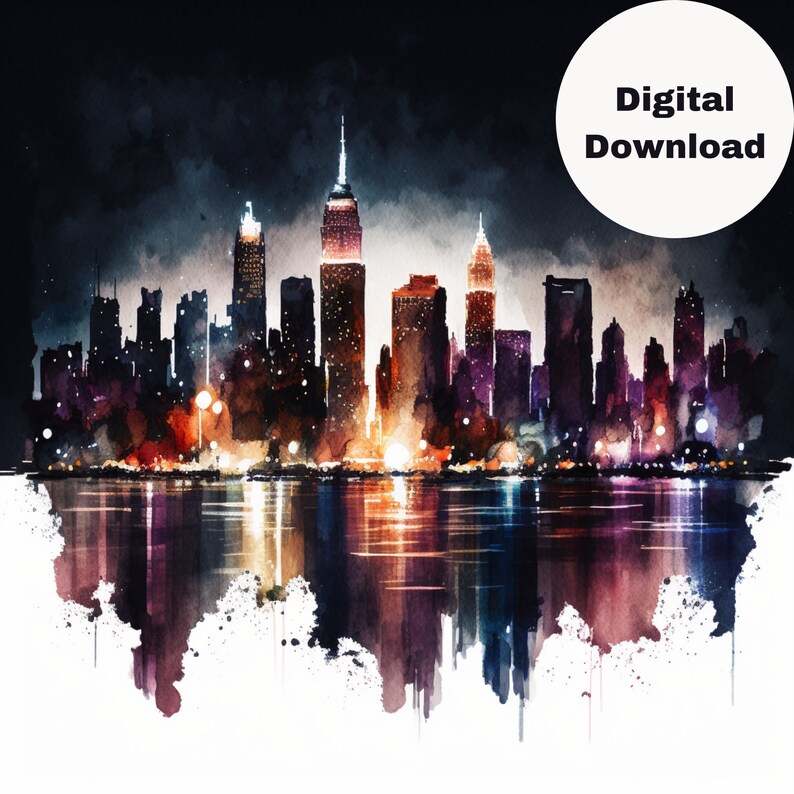 New York City Skyline Watercolor Digital Print, New York City Skyline ...