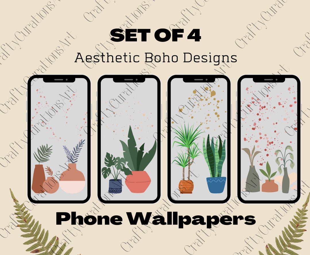 Boho Phone Wallpaper, Set of 4, Printable Digital Art, Instant Download ...