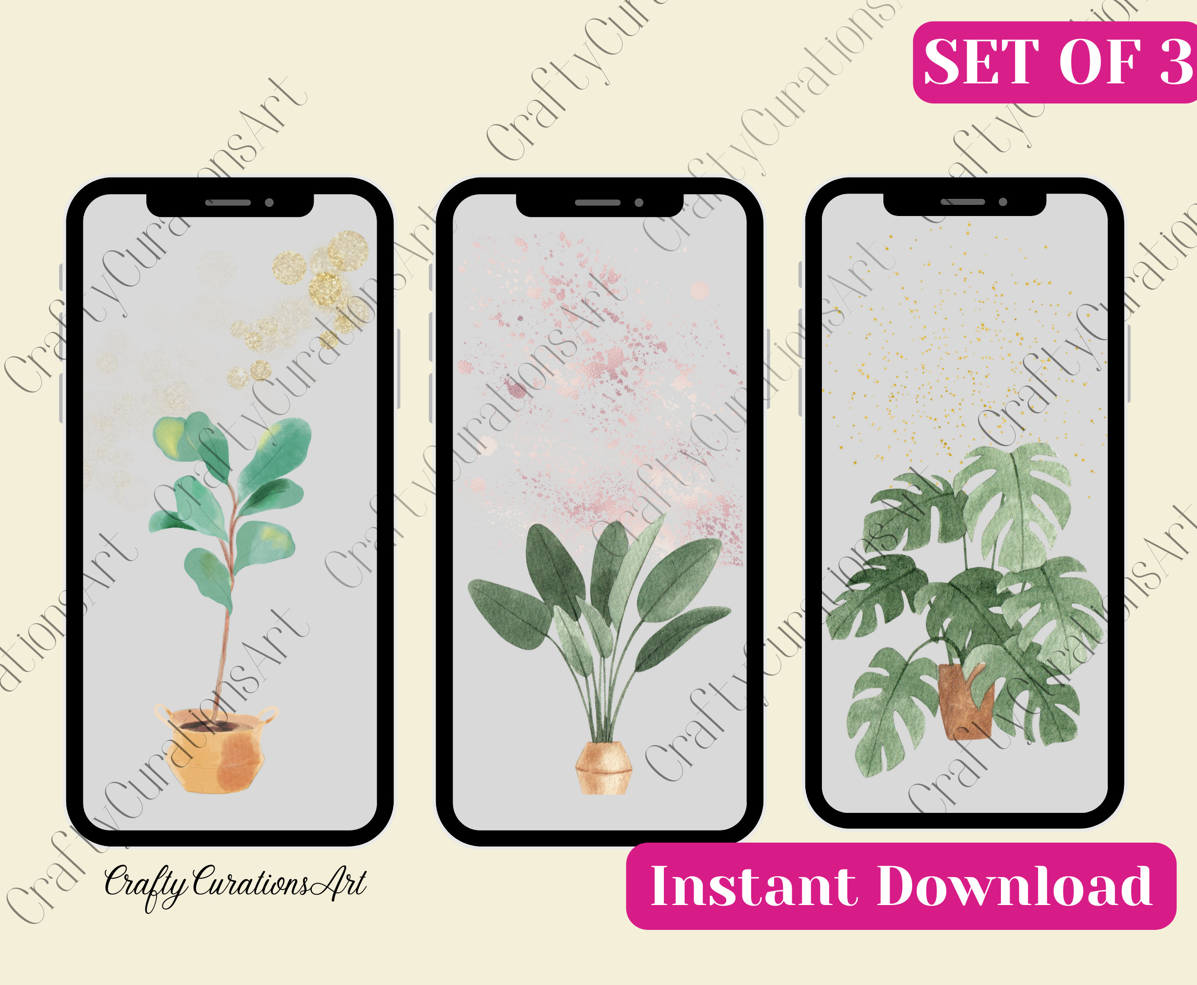 Boho Phone Wallpaper, Set of 3, Printable Digital Art, Instant Download ...