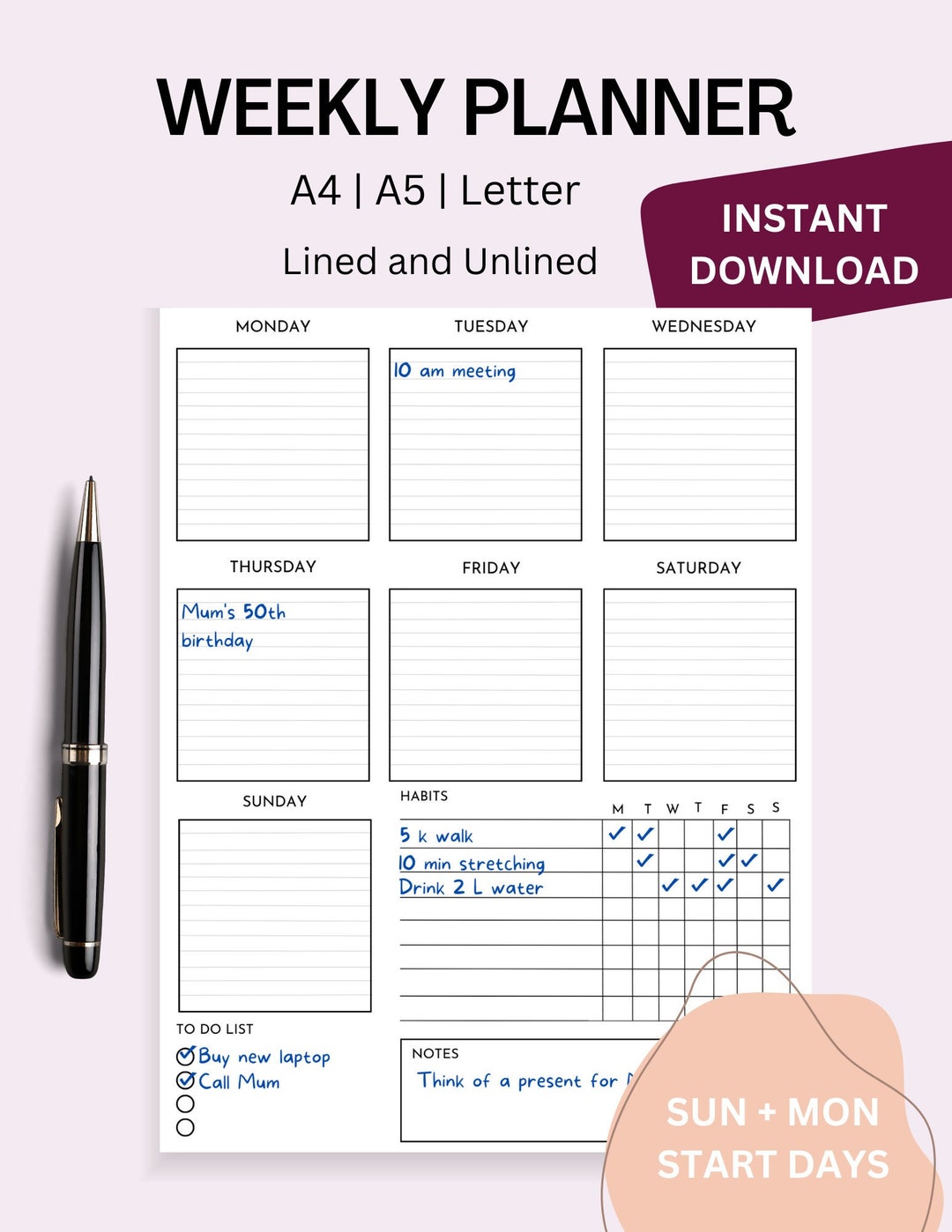 Weekly Planner Printable, Minimalist Digital Weekly Schedule, Week at a ...