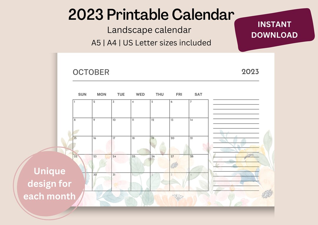 2023 Printable Calendar Landscape, Monthly Calendar 2023 PDF, Printable ...