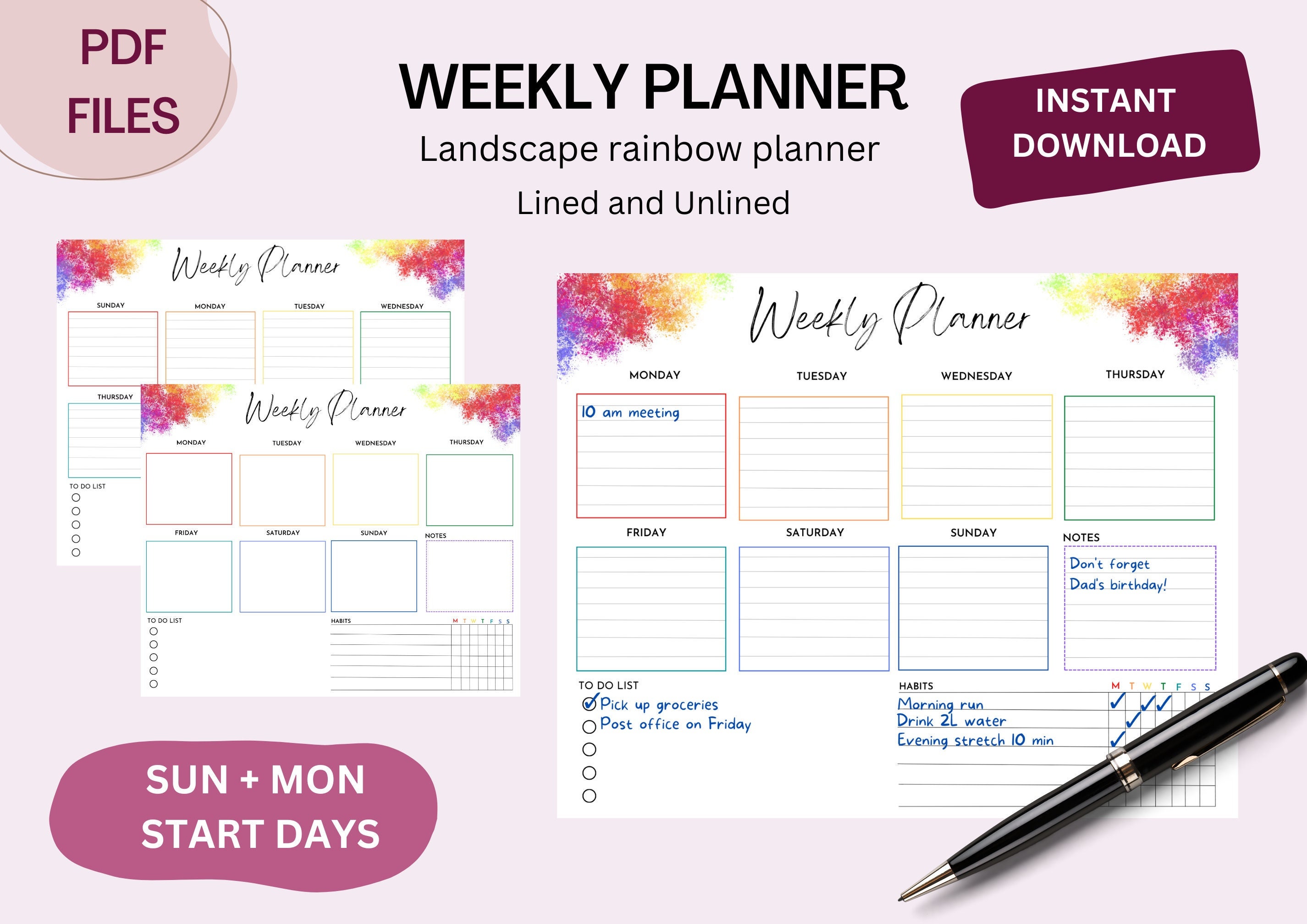 Weekly Planner Printable Landscape, Digital Weekly Schedule, Week at a ...