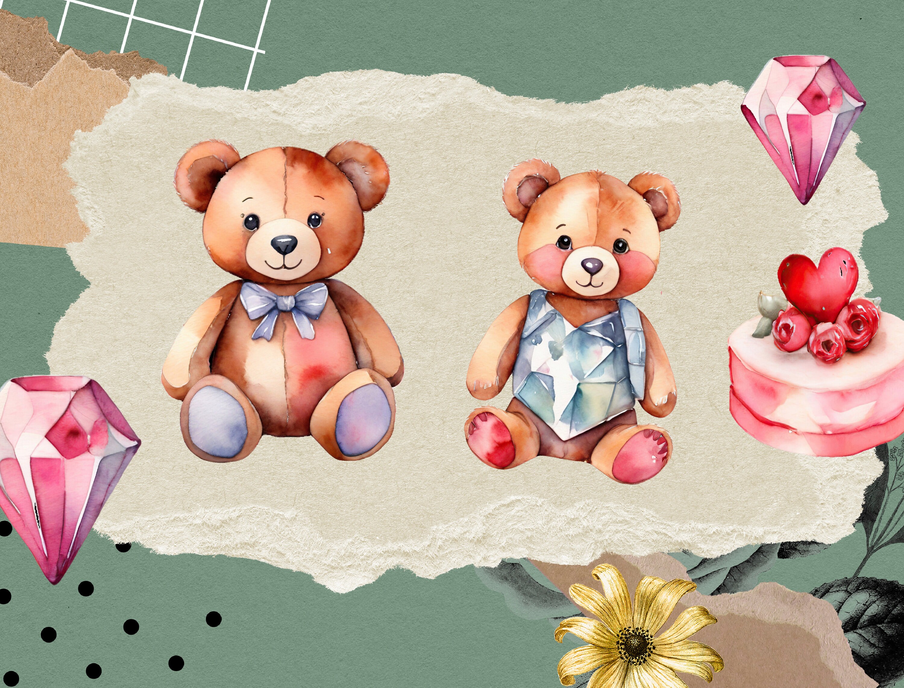 Valentine's Day Teddy Bear Clipart, Cakes Graphics (digital Download ...