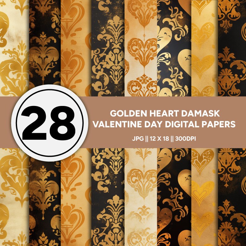 Luxurious Gold Heart Damask Digital Papers DIY Crafts, Card Making, and ...