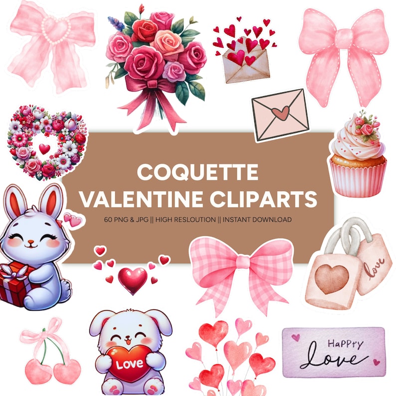 Coquette Valentine Digital Cliparts Bundle - Romantic Graphics for ...