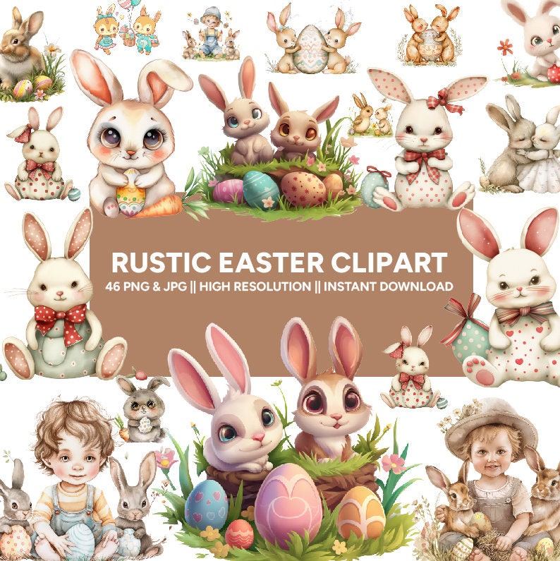 Rustic Easter Bunny Clipart Collection: Charming Illustrations for Your ...