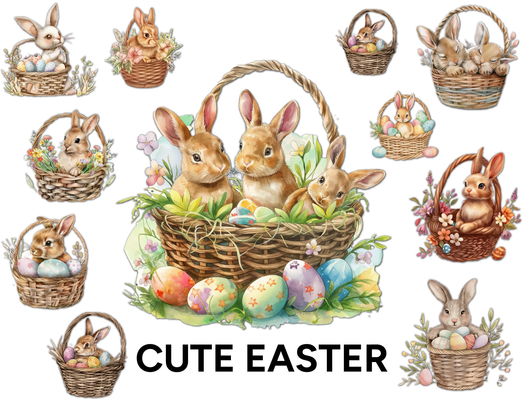 Easter Clipart Bundle: Cute Bunnies, Eggs, Illustrations for DIY Crafts ...