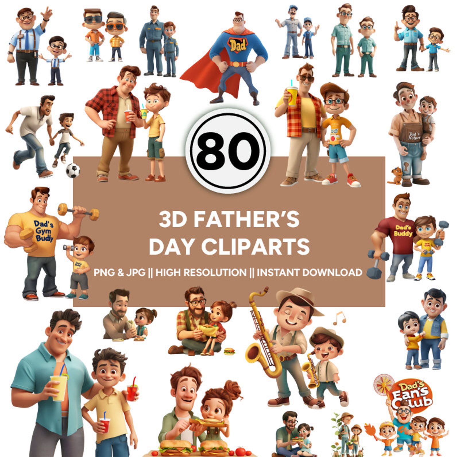 3D Father's Day Clipart Bundle | 80 High-resolution Father-child ...