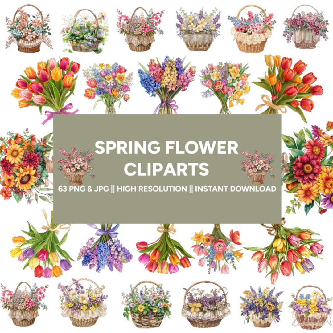 Spring Flower Clipart Bundle | Colorful Floral Bouquets, Baskets ...
