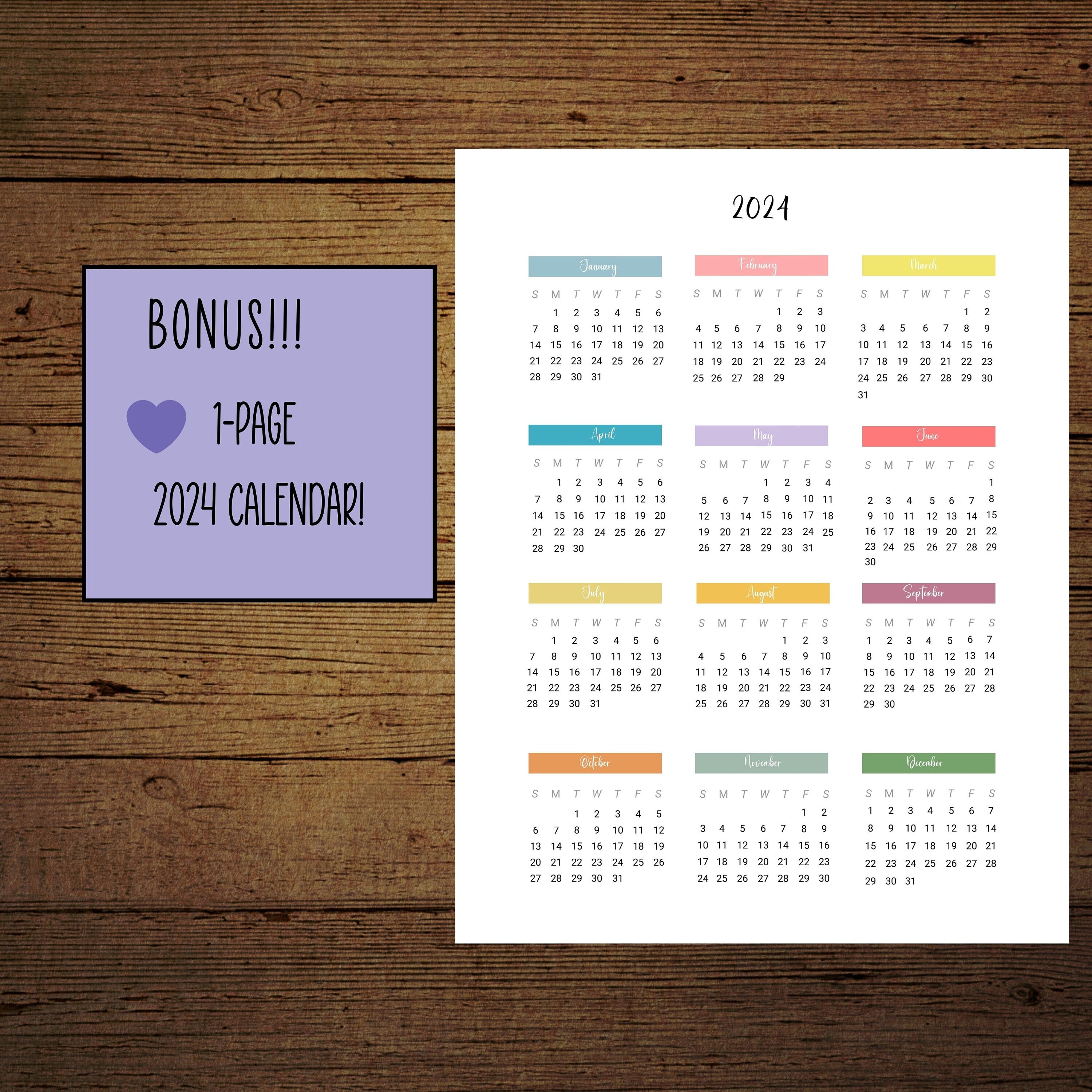 2024 Printable Calendar Monthly Overview Planner Colorful - Etsy Australia