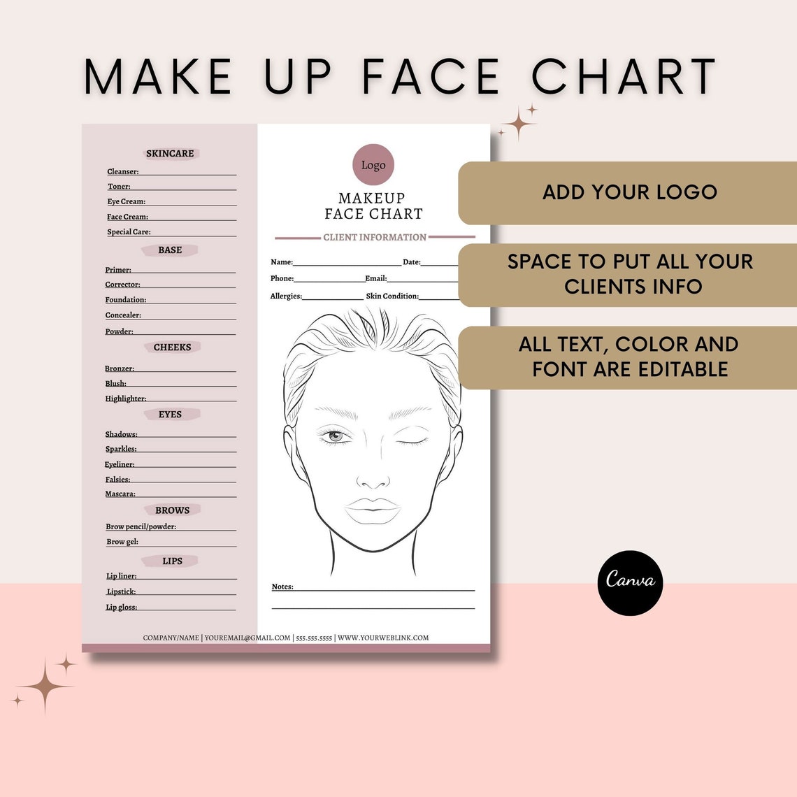EDITABLE Makeup Artist Face Chart Makeup Artist Form Freelance Makeup ...
