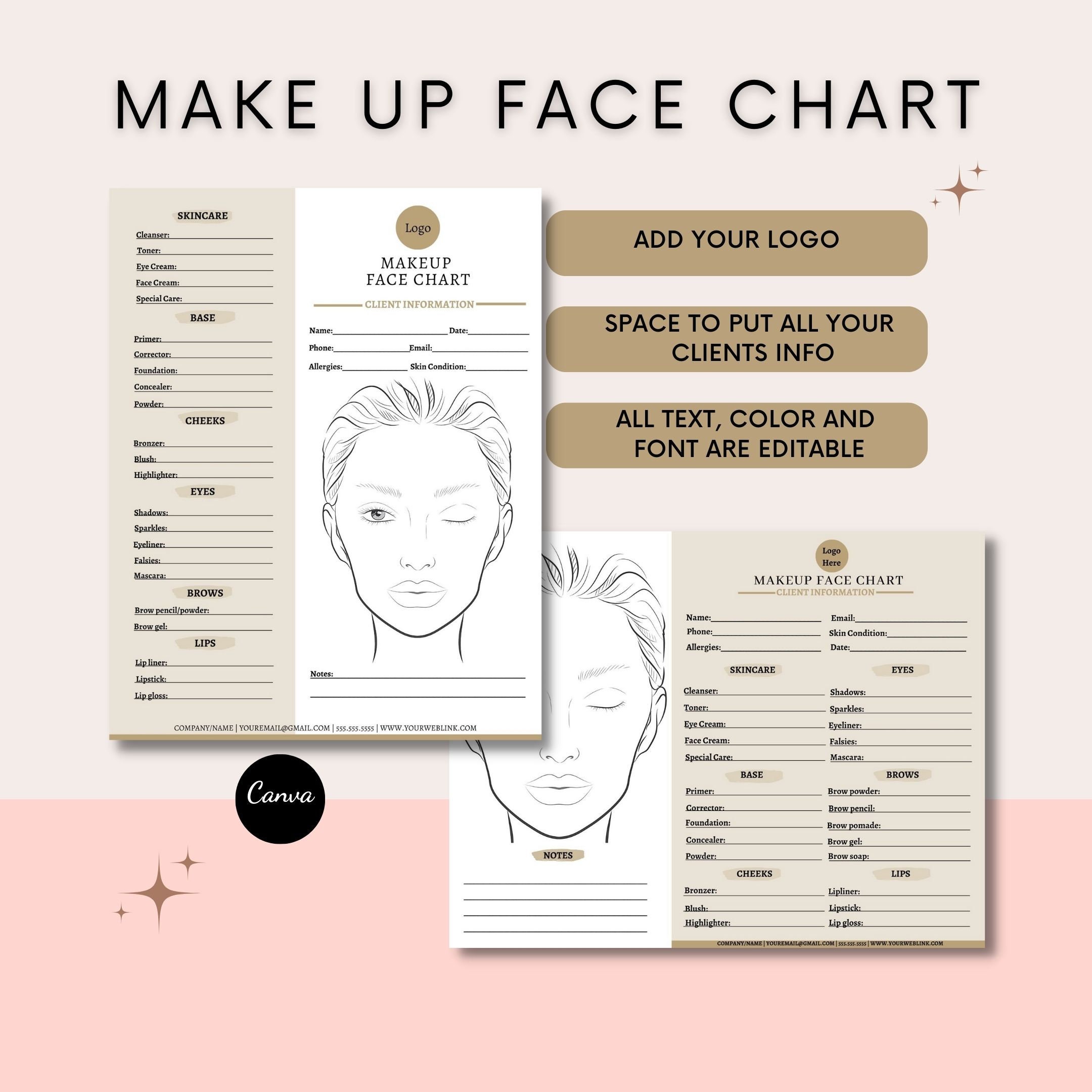 EDITABLE Makeup Artist Face Chart Bundle Freelance Makeup Form Makeup ...