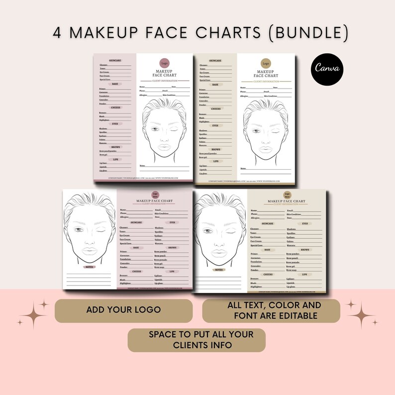 EDITABLE Makeup Artist Face Chart, Face Chart Bundle, Freelance Makeup ...