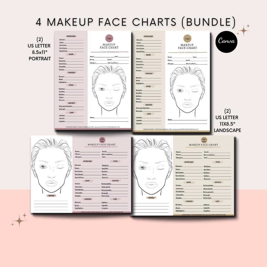 EDITABLE Makeup Artist Face Chart, Face Chart Bundle, Freelance Makeup ...