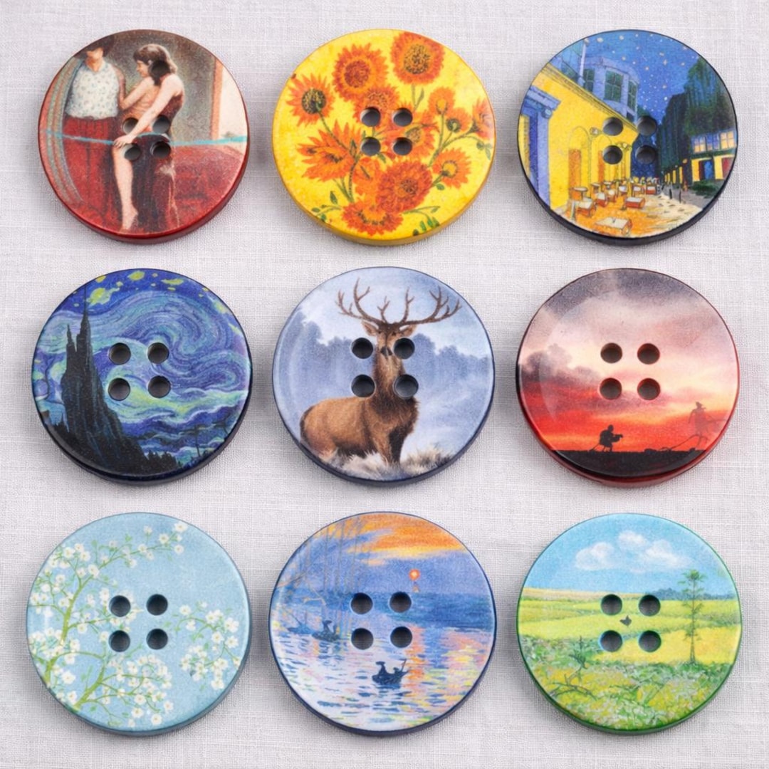 Art Print Resin Sewing Buttons Set of 5 – 4 Hole Decorative Craft ...