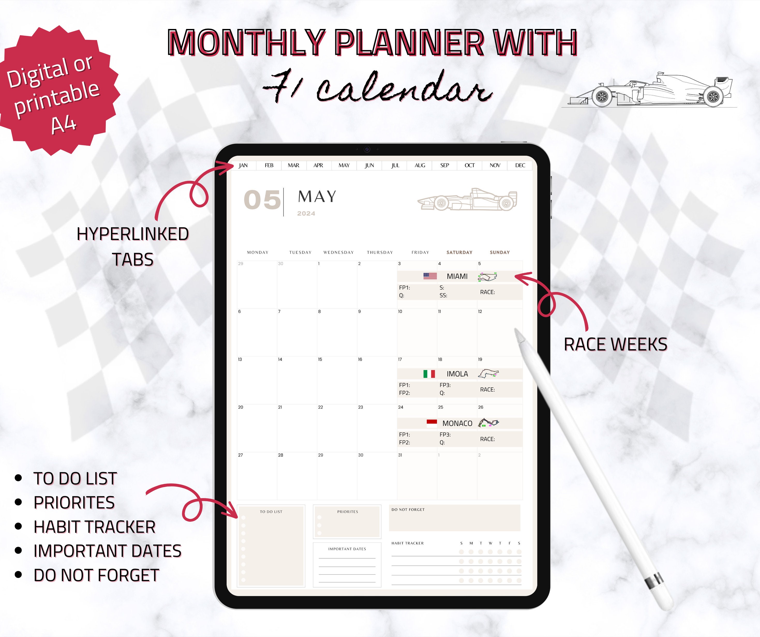 F1 Planner 2024 Digital Formula 1 Planner Formula One Calendar F1 2024 ...