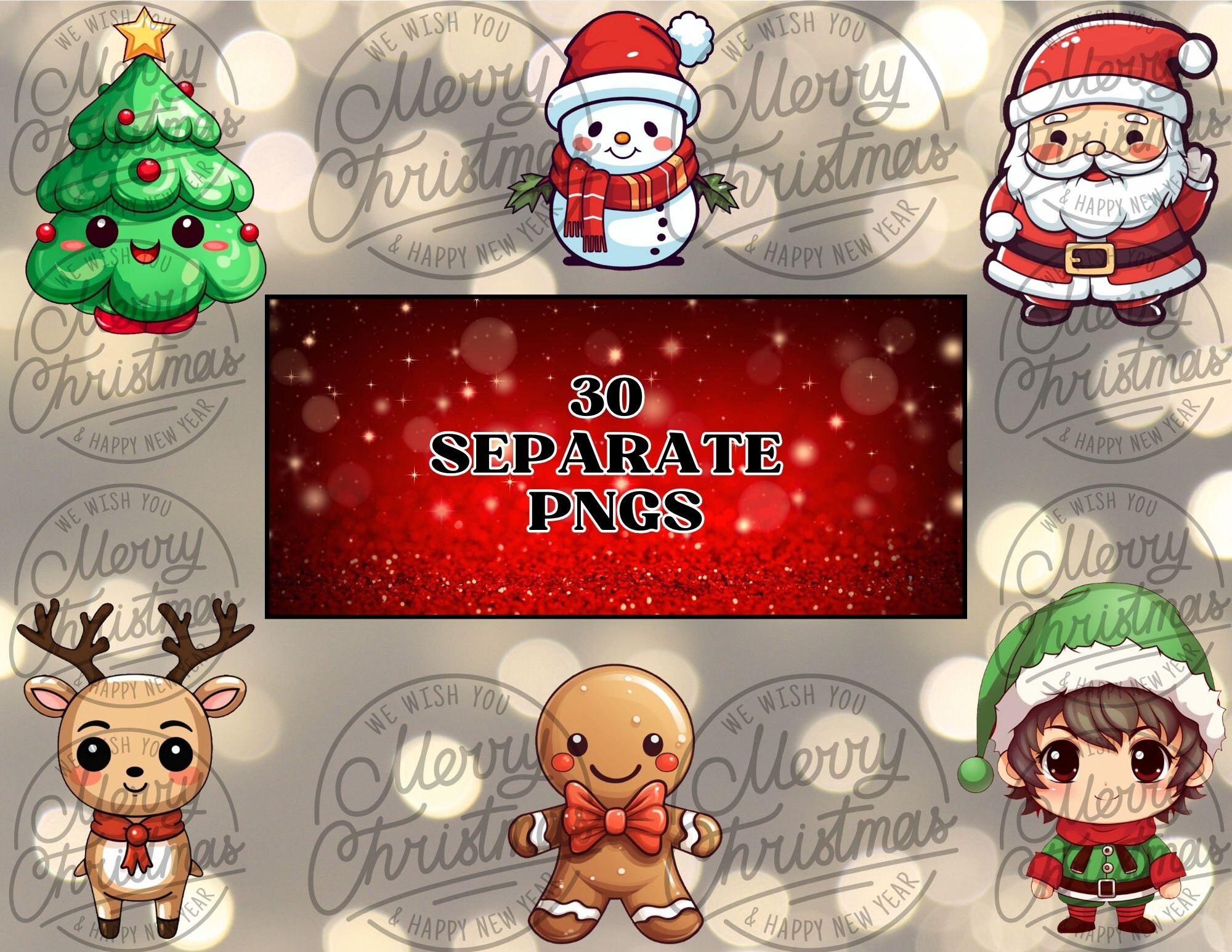 Cute Kawaii Christmas Clipart. 30 Pngs Clipart Bundle. Transparent Png ...