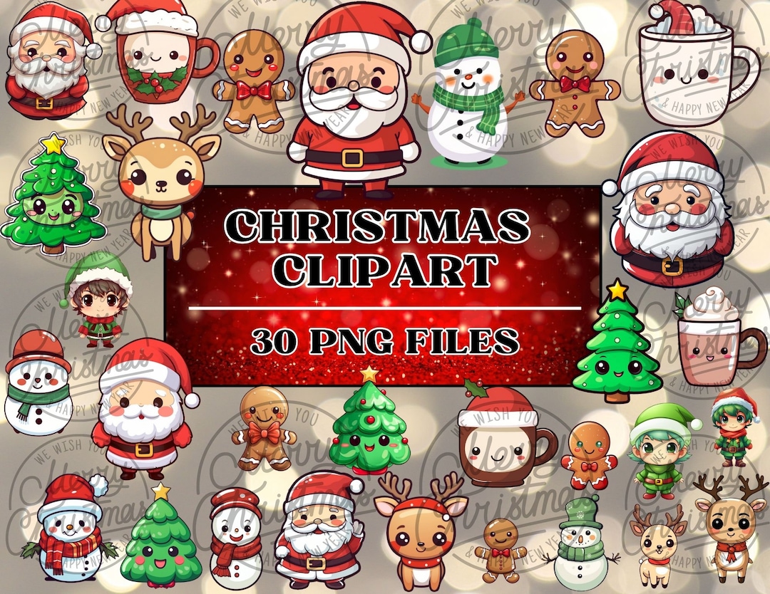 Cute Kawaii Christmas Clipart. 30 Pngs Clipart Bundle. Transparent Png ...