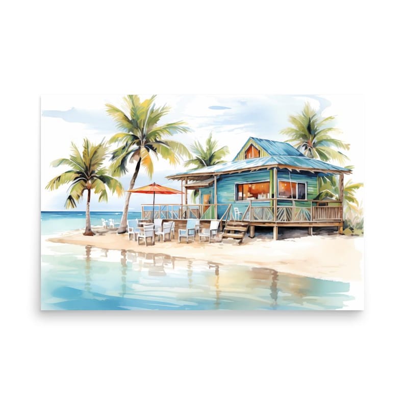 Tropical Beach Bar Print: Key West Decor, Florida Keys Caribbean Art - Etsy