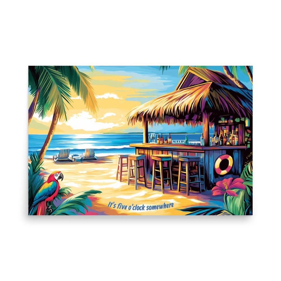 Tropical Poster Ocean Tiki Bar Decor Paradise Scene Gift Jimmy Buffett ...