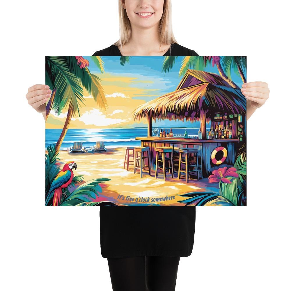 Tropical Poster Ocean Tiki Bar Decor Paradise Scene Gift Jimmy Buffett ...