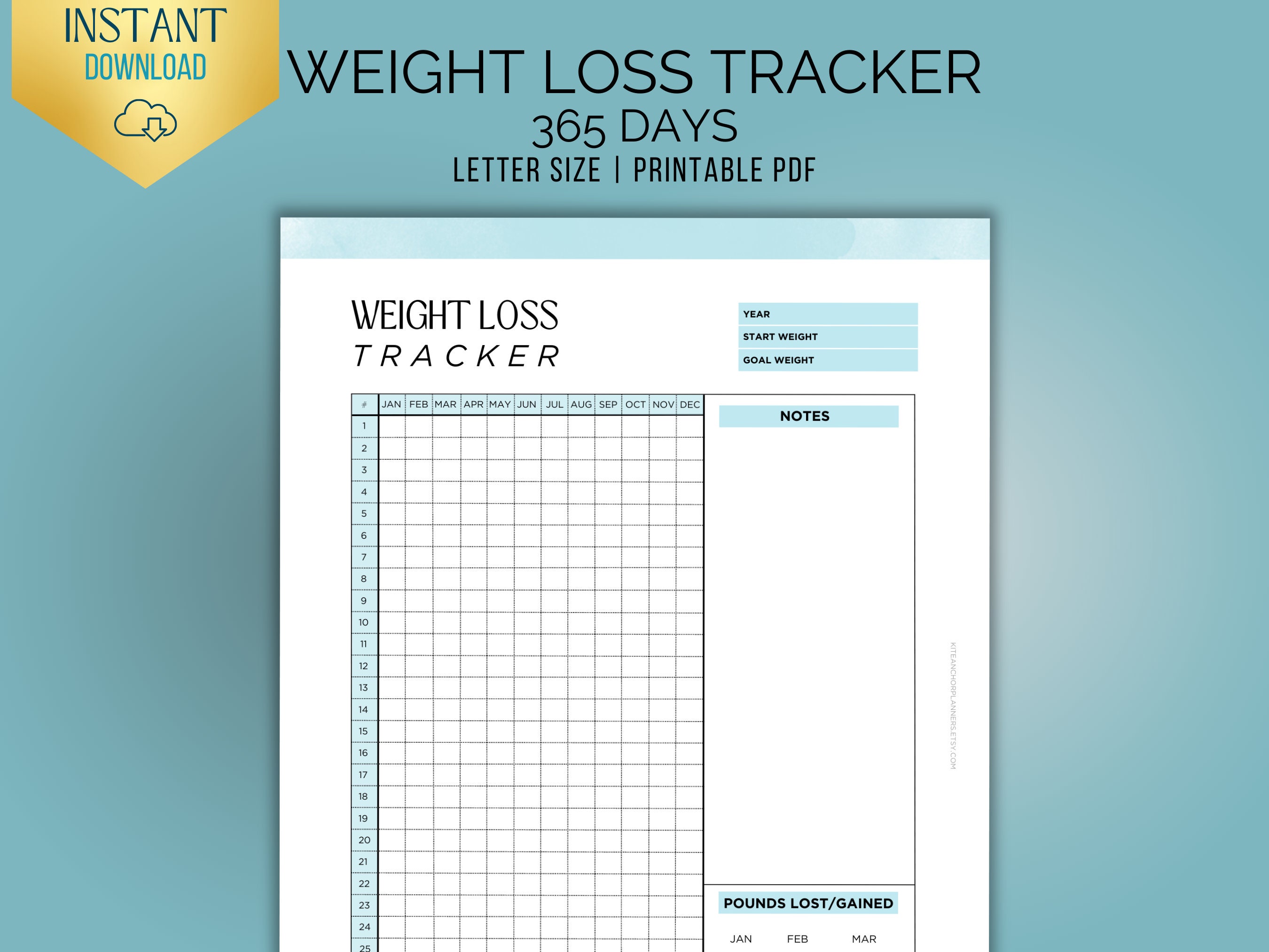 365 Day Weight Tracker Printable, Daily Weight Journal, Weight Loss ...