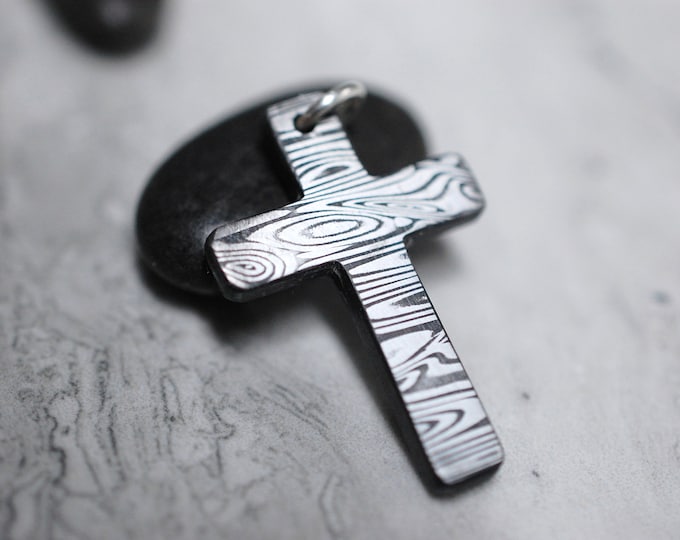 Handmade Damasteel Cross Necklace Small. Sterling Silver and Stainless ...