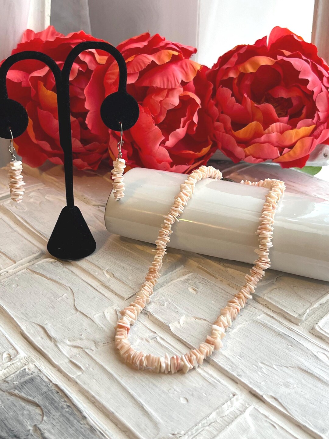 Vintage Pink Shell Choker Necklace Earring Set - Etsy