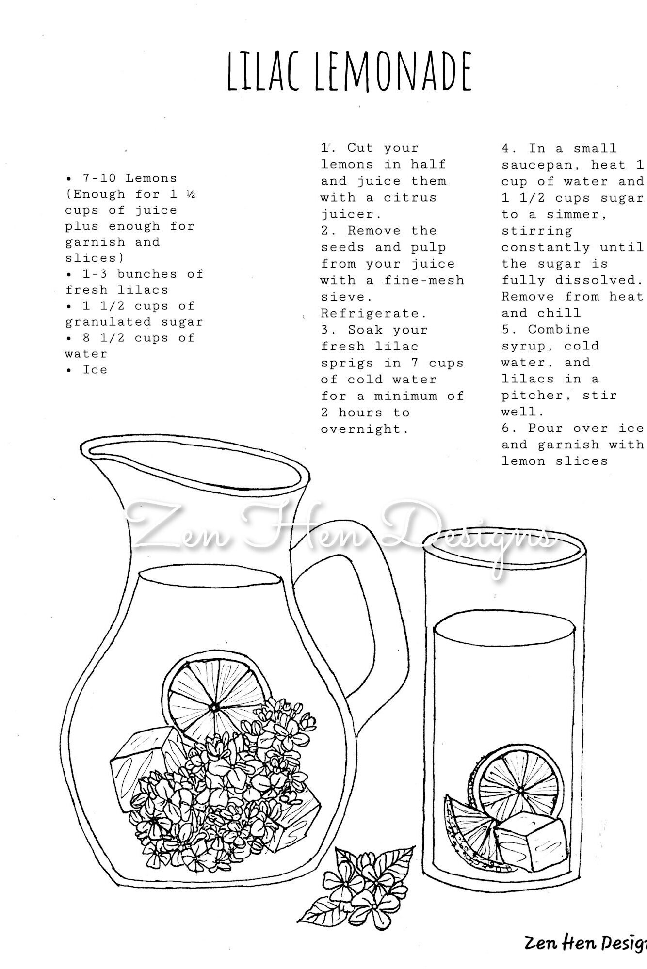 Lilac Lemonade Hand Drawn Coloring Page and Recipe - Etsy
