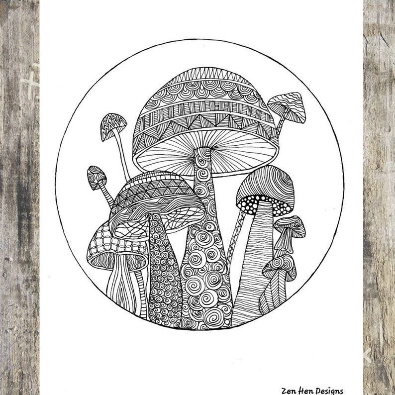 Zentangle Mushrooms Hand Drawn Coloring Page Digital Download Printable ...