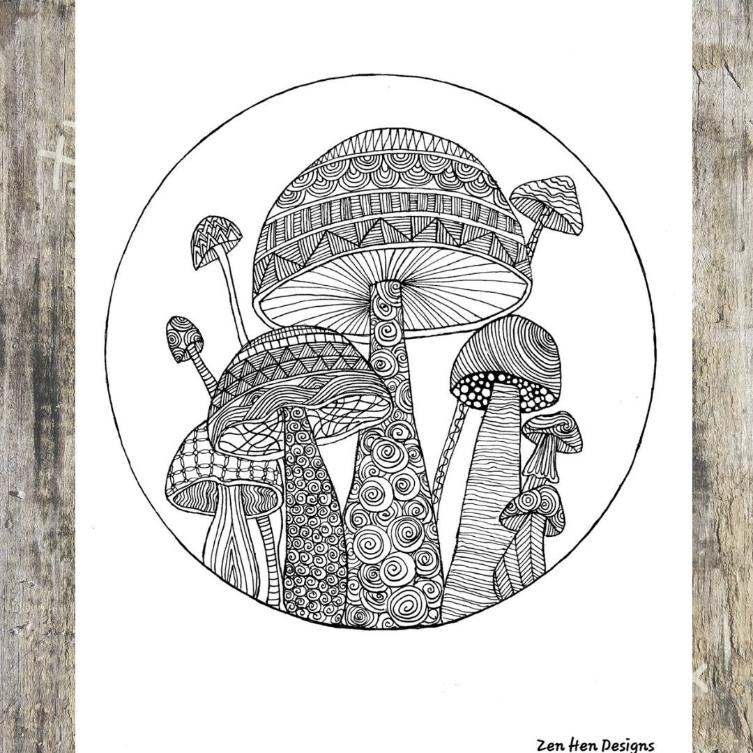 Zentangle Mushrooms Hand Drawn Coloring Page Digital Download - Etsy ...