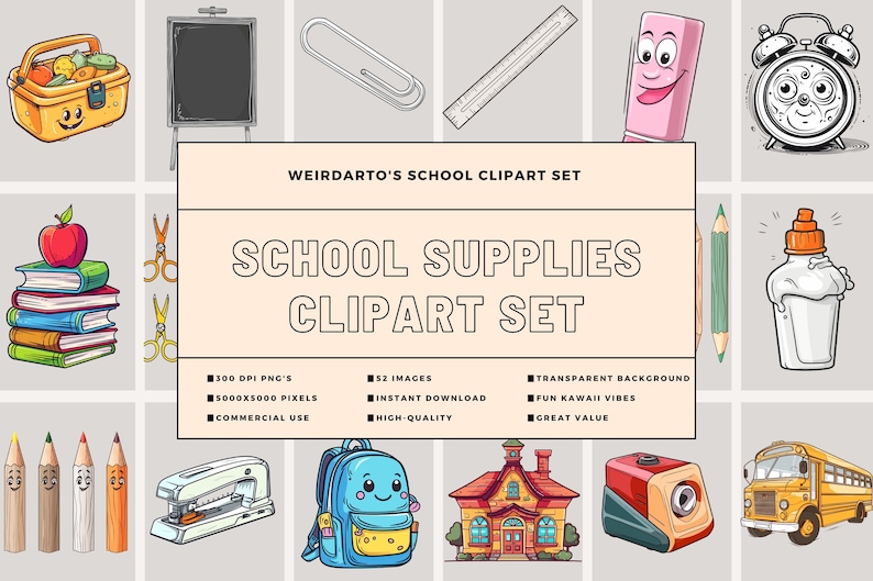 Back to School Supplies Clipart Set, Cute and Colorful School Clipart ...