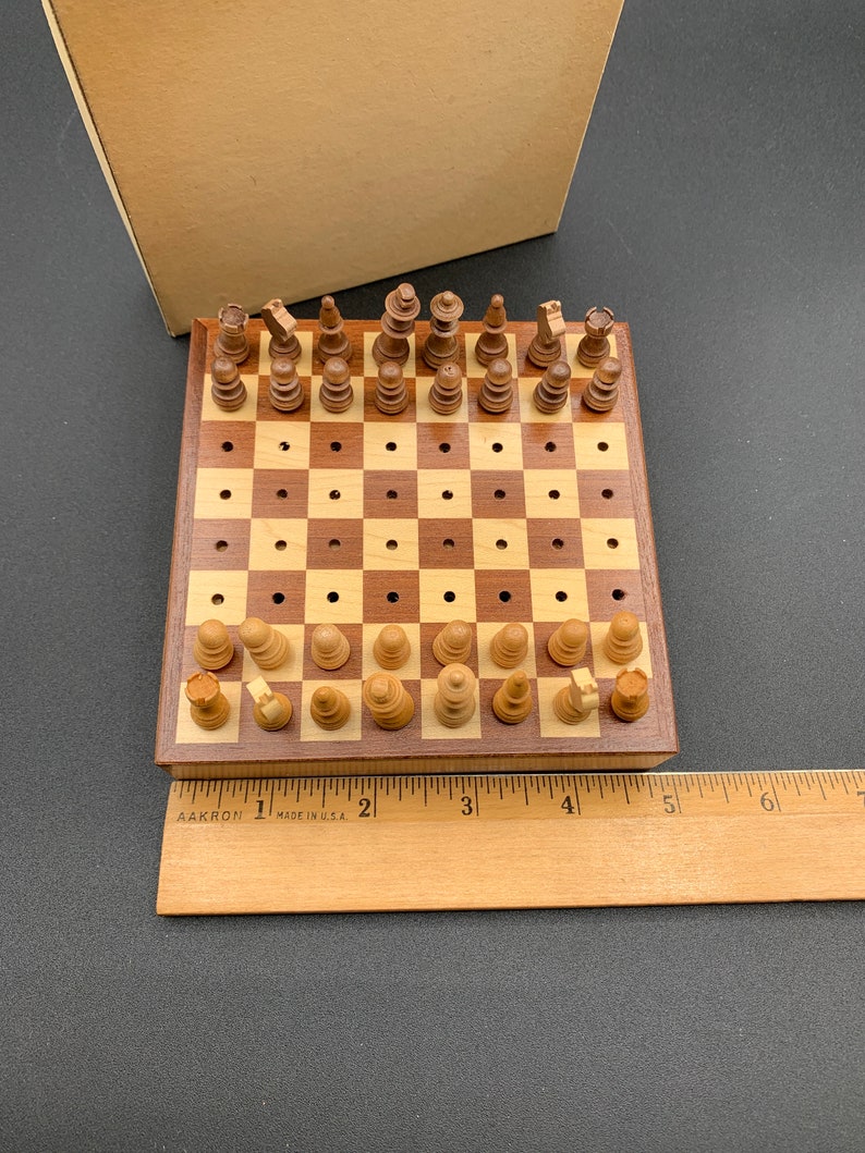 Vintage UK Traveling Chess Set: Wooden Board, Case and Pieces With Pegs ...
