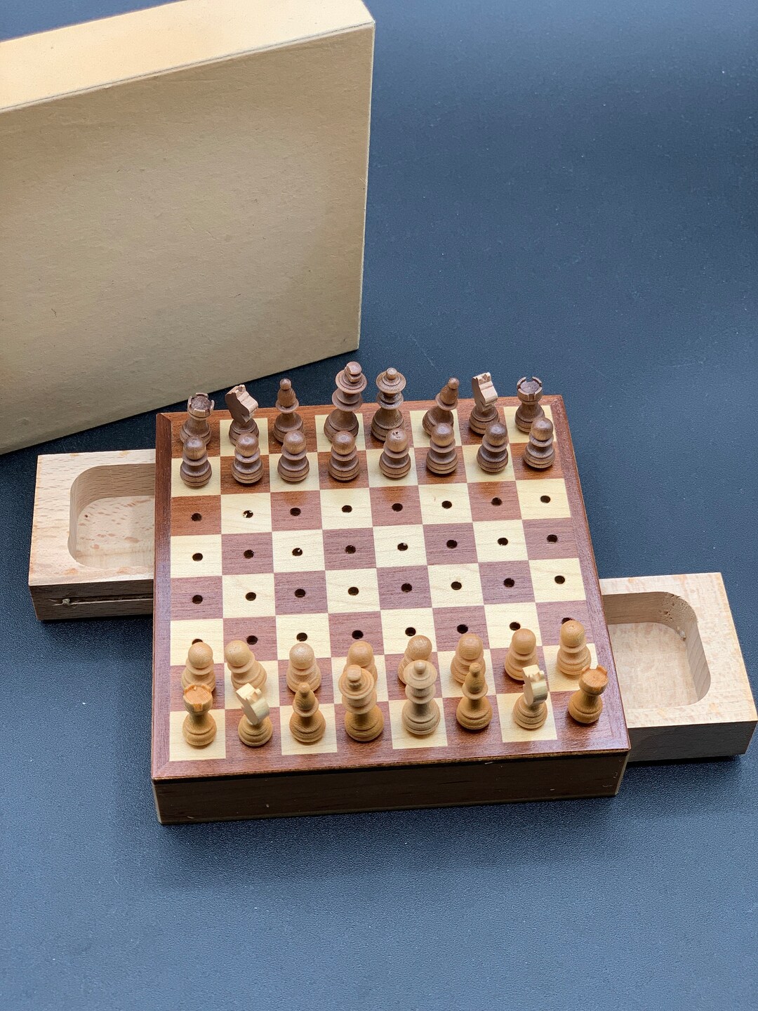 Vintage UK Traveling Chess Set: Wooden Board, Drawers and Pieces With ...