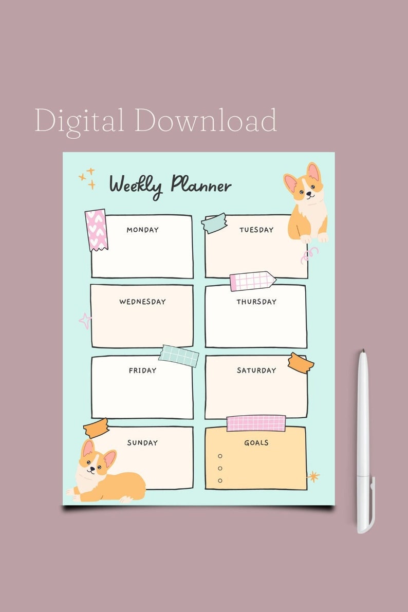 Corgi Weekly Planner: Printable Schedule, Dog Mom Gift (digital ...