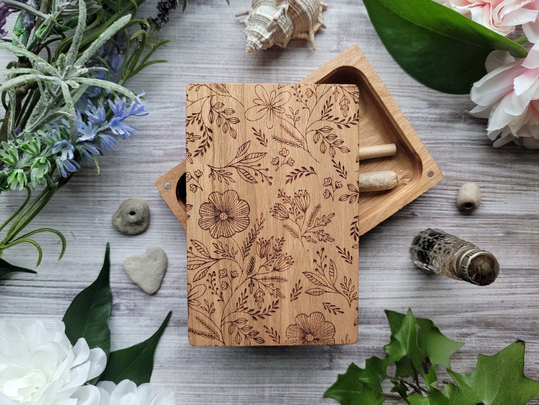 The Wildflower Joint Case | Engraved Solid Cherry Wood Stash Box - Etsy