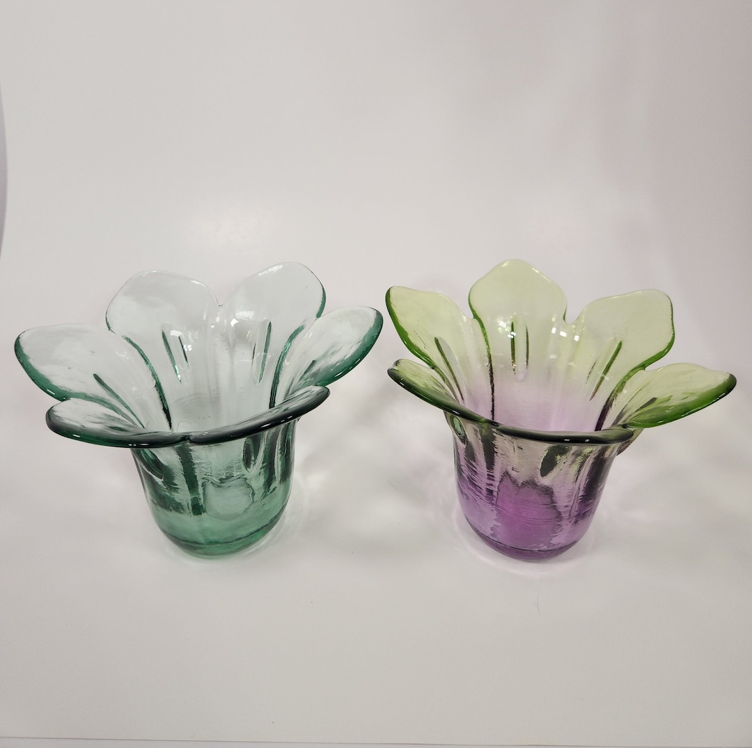 Vintage Recycled Blown Glass Set of Two Tulip Shaped Vases - Etsy
