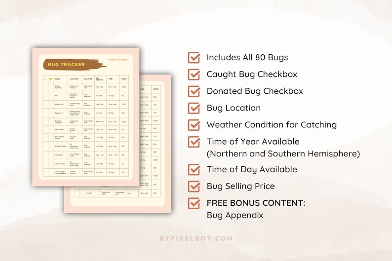 ACNH Bug Checklist Catch Guide Bug Tracker Modern Animal - Etsy