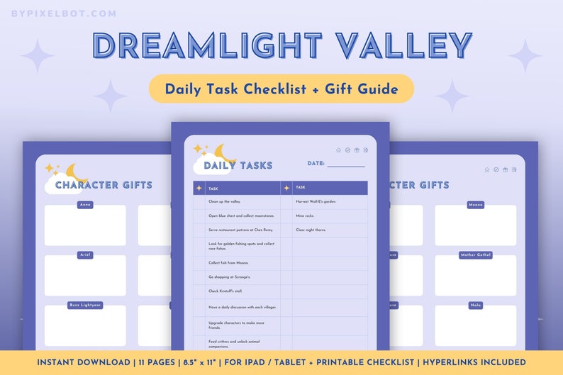 Dreamlight Valley Planner | Daily Task Checklist + Character Gift Guide ...