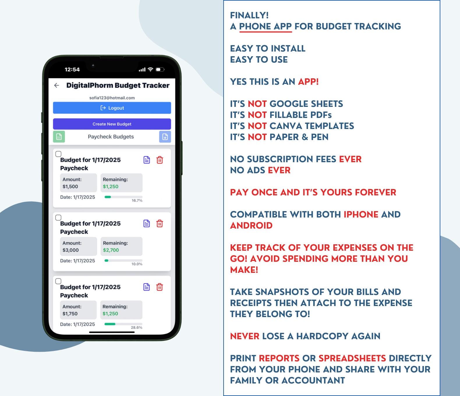 Phone App Budget Planner Printable Budget-by-paycheck Spending Tracker ...