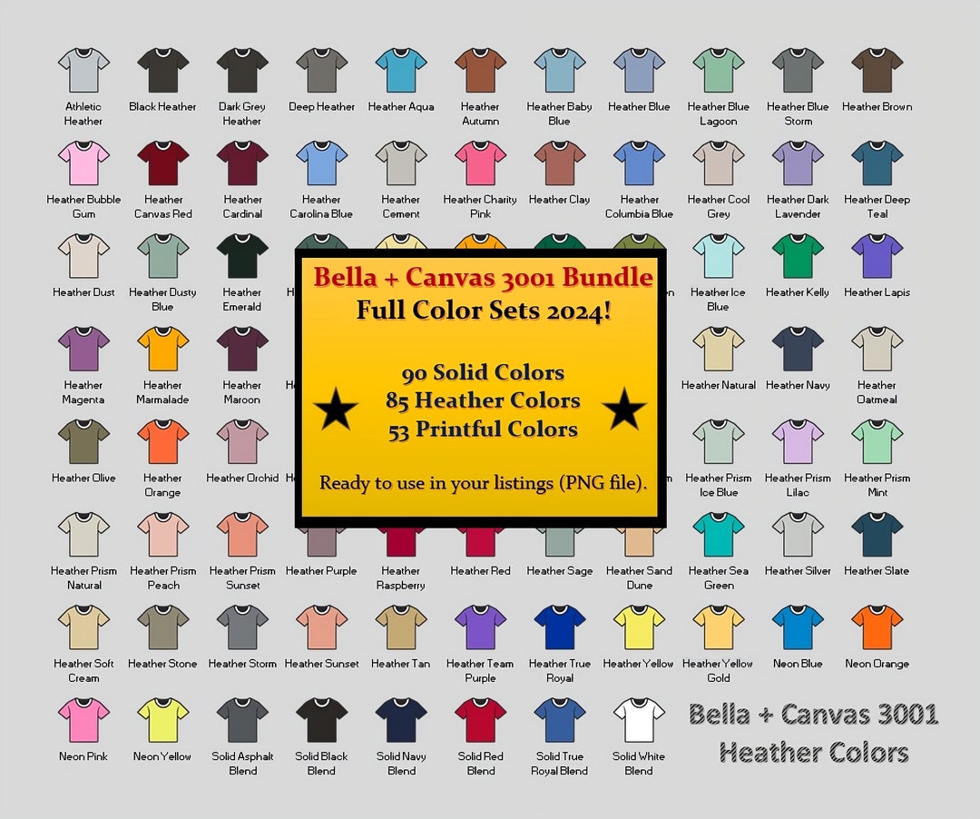 Bella Canvas 3001 Color Chart T-shirts Updated 2024 Colors Ready to Use ...