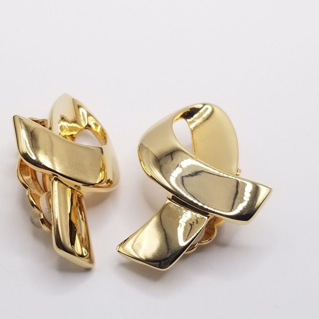 Vtg Carolee 90S Chunky Runway Cindy Crawford Gold Earrings Ribbon Twist ...