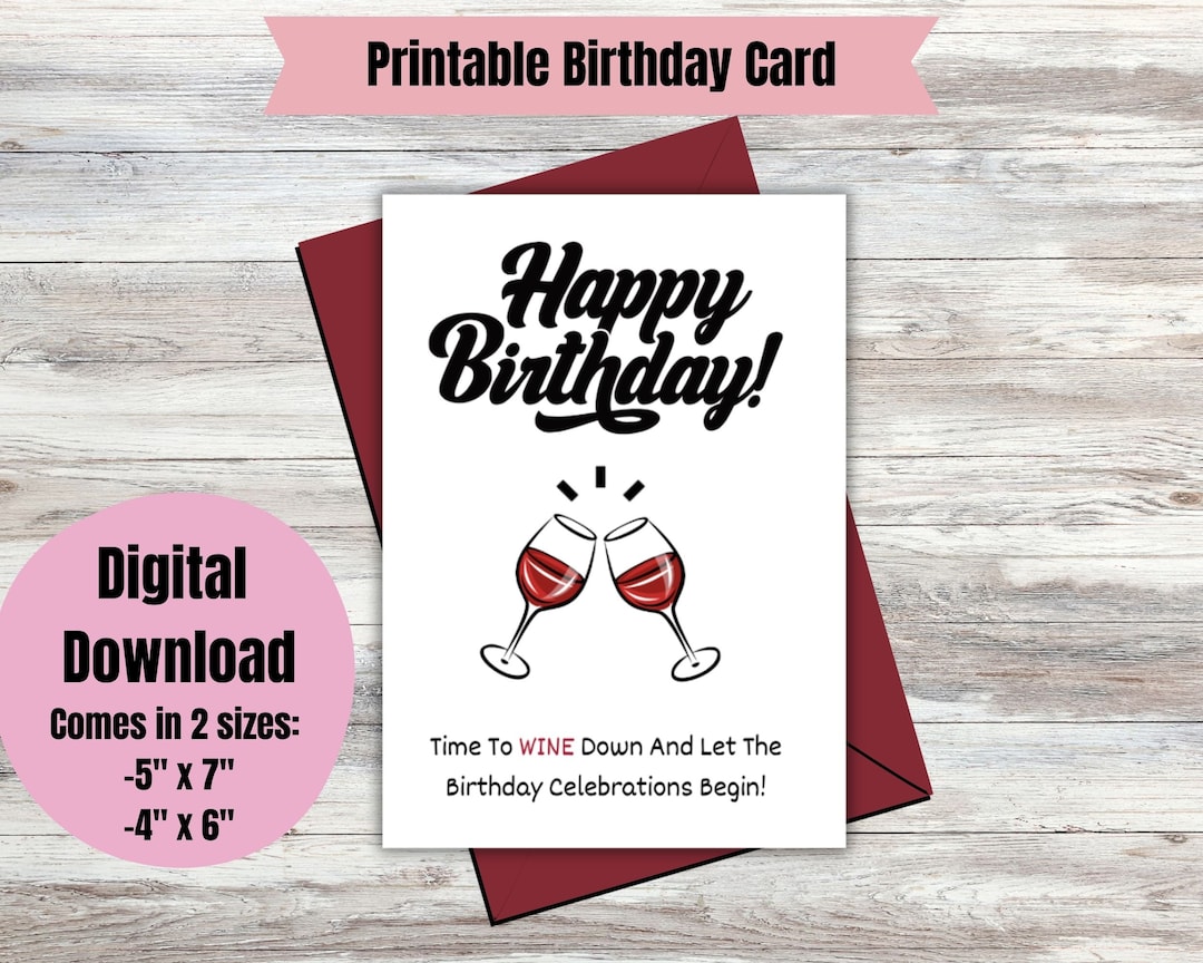 Printable Red Wine Birthday Card- Digital Birthday Card- Instant ...
