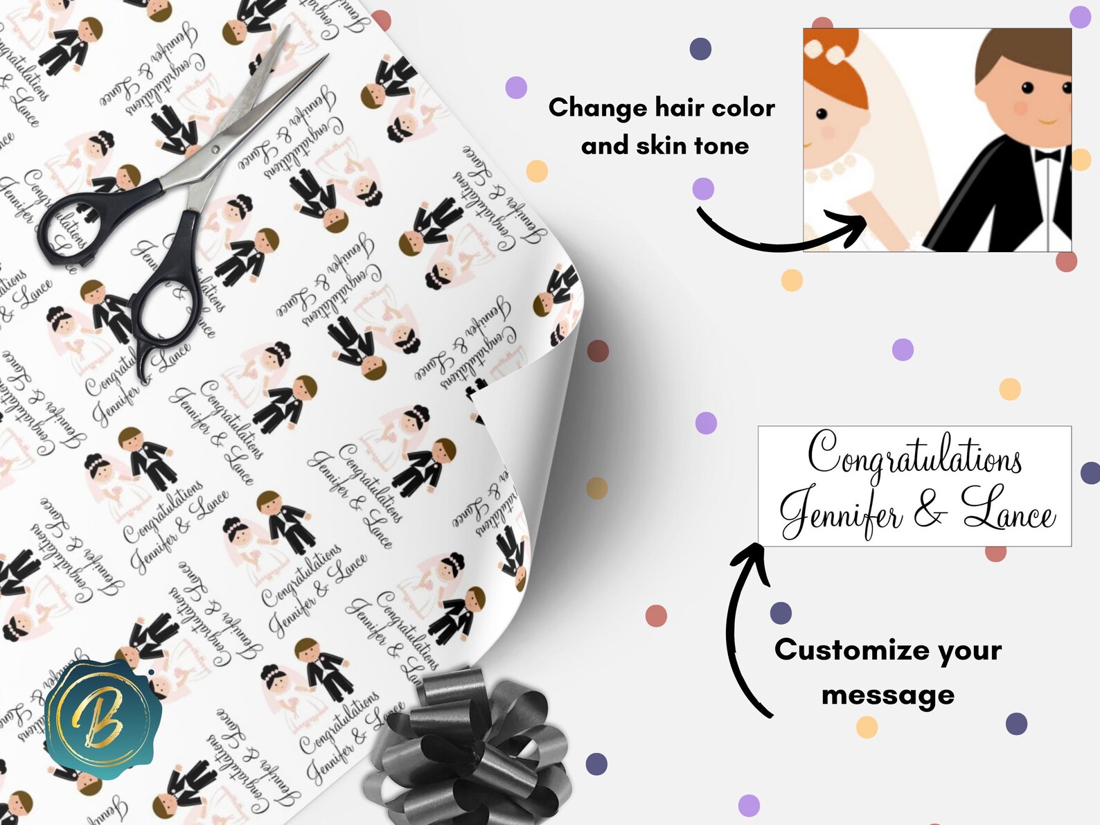 Cartoon Gift Wrap for Bride & Groom – Custom Wedding Wrap Paper ...