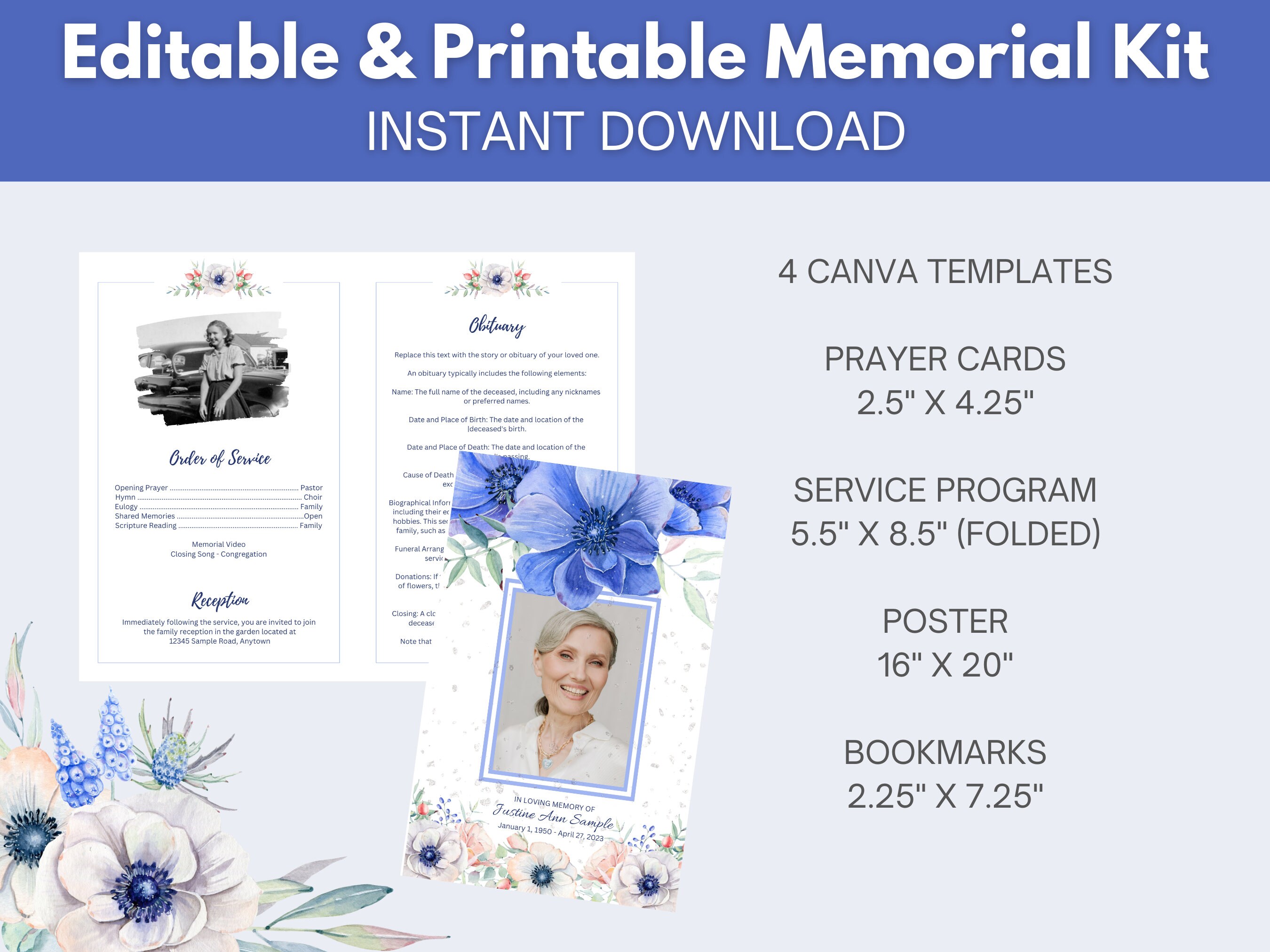 Editable Funeral Prayer Card, Program, Bookmark, Poster, Printable ...