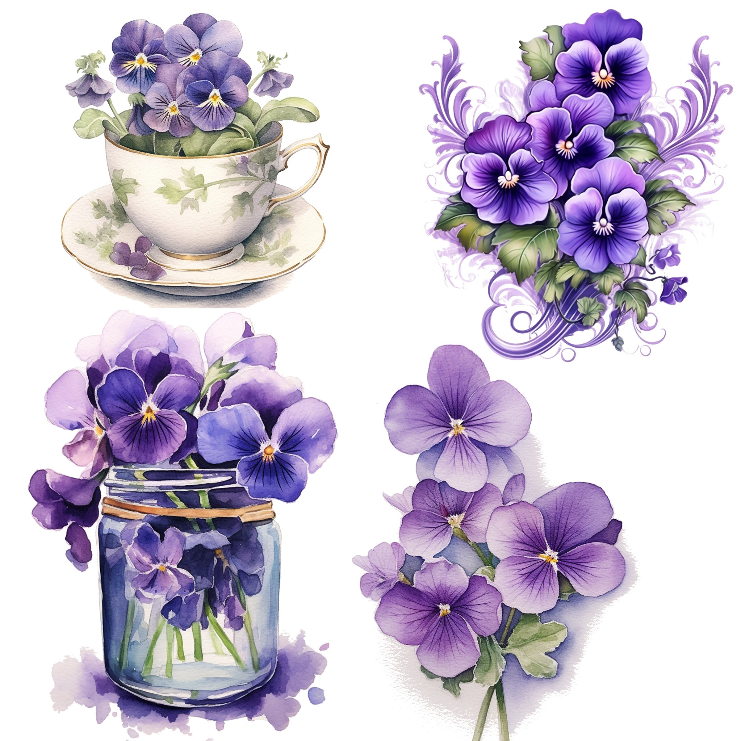 Watercolor Violets (2) 18 Transparent PNG, Digital Download, Printable ...