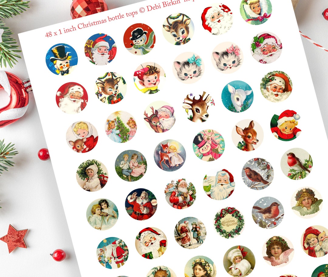 48 Christmas Bottle Caps Images 1inch Circles Download Santa Tree ...